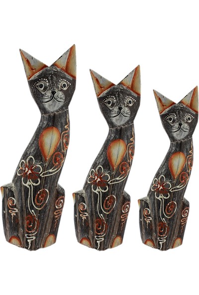 Dekodem Üçlü Ahşap Kedi Biblo Kahverengi 30 Cm
