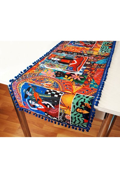 Dekorinyo Frida Kahlo Desenli Ponponlu Dekoratif Runner