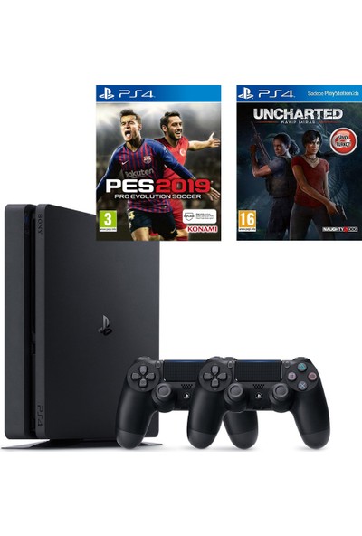 Sony PS4 Slim 500Gb Eurasia Oyun Konsolu + 2. PS4 Kol + PS4 Pes 19 + PS4 Uncharted Kayıp Miras
