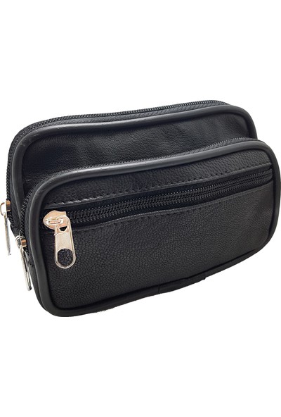 Siyah Gerçek Deri Fermuarlı İki Göz Pipo Çantası py30