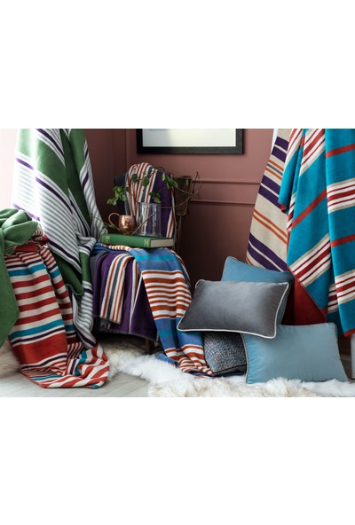 Madame Coco Mercy Pamuklu Çizgili Tek Kişilik Battaniye - Mor / Yeşil