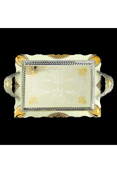 Alara Lüks Gümüş Tepsi, Beyaz Mineli Altınlı Orta Boy. M651.2AB