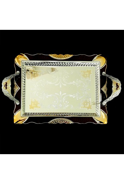 Alara Lüks Gümüş Tepsi, Kahve Mineli Altınlı Orta Boy. M651.2AK