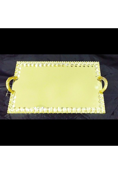 Alara Cam Aynalı Tepsi, Taşlı Kenarlı Altın Renk Küçük Boy. Y2232.1A