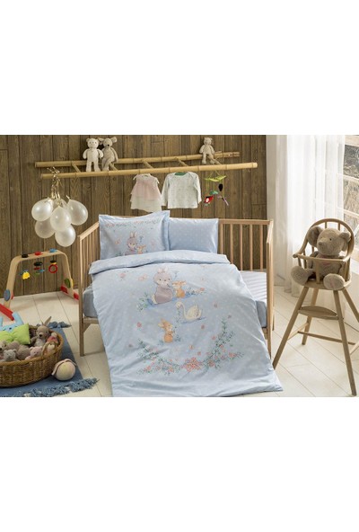 Taç Organik Bio Bebek Nevresim Takımı - Happy Bunny Mavi