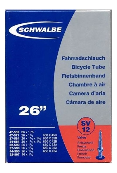 Schwalbe 26X1.75 Fv/Sv12 47559 40Mm İç Lastik İnce Sibop Schwalbe 26X1.75 Fv/Sv12 47559 40Mm İç Lastik İnce Sibop