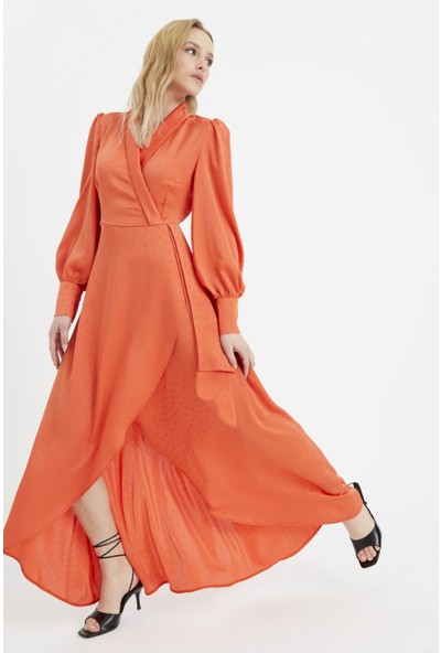 Sateen Puantiye Desenli Saten Elbise - Oranj Sateen Puantiye Desenli Saten Elbise - Oranj