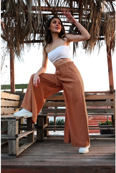 VprModa Geniş Kemerli Bol Paça Düz Keten Kadın Pantolon - Tarçın