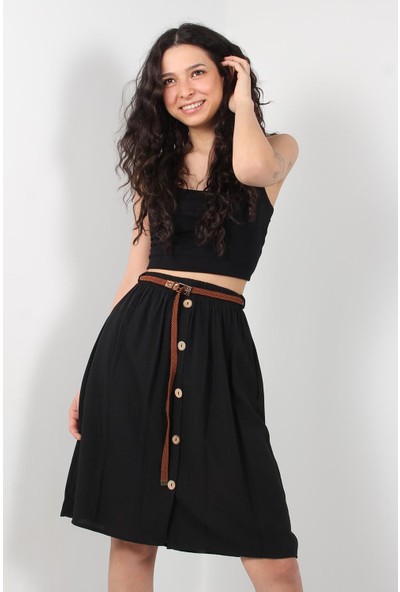1133BY48002 - 20026 Krinkıl Önü Patlı Düğmeli Beli Lastikli ve Hasır Kemerli Etek