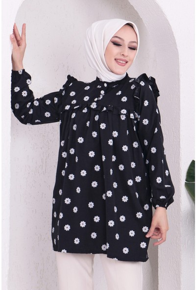 İmaj Butik Papatya Desenli Dik Yaka Tesettür Tunik/siyah