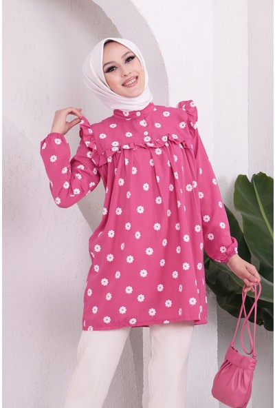 İmaj Butik Papatya Desenli Dik Yaka Tesettür Tunik/fuşya