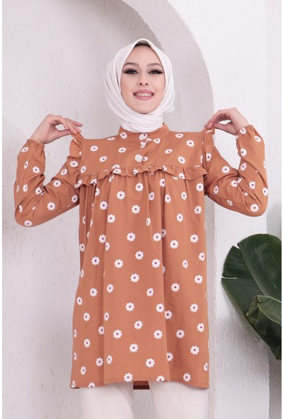 İmaj Butik Papatya Desenli Dik Yaka Tesettür Tunik/taba