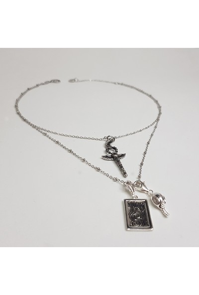 Tonstyle TS001511 Charm Çapraz Hayat Ankh ve Maske Iki Zincirli 44+5 cm 925 Ayar Gümüş