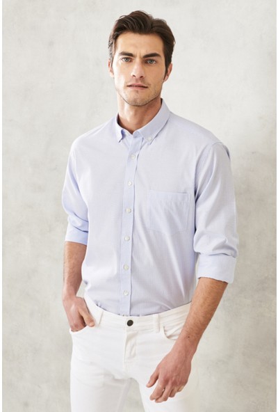 Ac&Co / Altınyıldız Classics Erkek Beyaz-Mavi Comfort Fit Düğmeli Yaka Çizgili Casual Gömlek Ac&Co / Altınyıldız Classics Erkek Beyaz-Mavi Comfort Fit Düğmeli Yaka Çizgili Casual Gömlek
