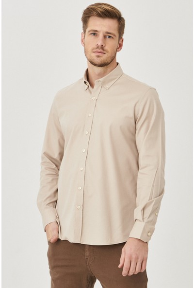 Ac&Co / Altınyıldız Classics Erkek Bej Slim Fit Dar Kesim Düğmeli Yaka Gabardin Gömlek