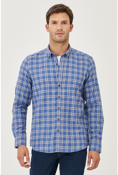 Ac&Co / Altınyıldız Classics Erkek Mavi Slim Fit Dar Kesim Düğmeli Yaka Flanel Oduncu Gömlek