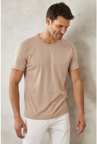 Ac&Co / Altınyıldız Classics Erkek Bej Melanj Slim Fit Bisiklet Yaka Kısa Kollu Pamuklu Tişört