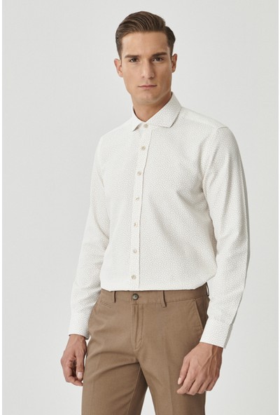 Altınyıldız Classıcs Erkek Beyaz-Bej Slim Fit Dar Kesim Büyük İtalyan Yaka Baskılı Gömlek