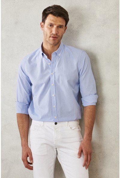 Ac&Co / Altınyıldız Classics Erkek Mavi Slim Fit Dar Kesim Düğmeli Yaka Çizgili Casual Gömlek