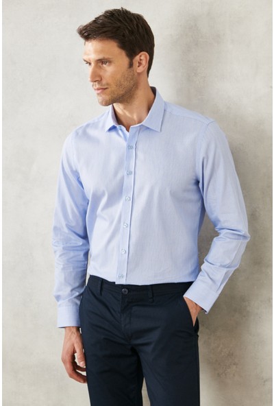 AC&Co / Altınyıldız Classics Slim Fit Dar Kesim Klasik Yaka Pamuk Çizgili Klasik Gömlek
