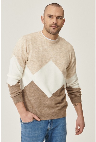 Ac&Co / Altınyıldız Classics Erkek Bej Standart Fit Bisiklet Yaka Desenli Triko Kazak