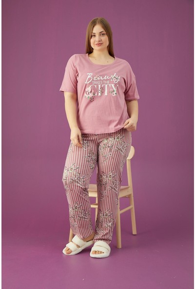 Seboteks Kısa Kol Pamuklu Büyük Beden Kadın Pijama Takımı 210123