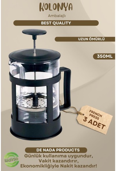 3 Adet French Press Süzgeçli Kahve Kupası 350 ml 3 Adet French Press Süzgeçli Kahve Kupası 350 ml