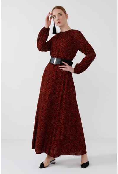 Yoncaekspres Kolu ve Yakası Büzgülü Viskon Elbise 3356 Kiremit