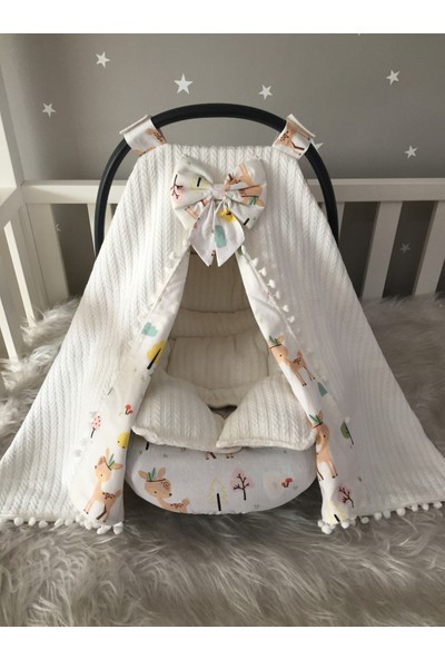 Jaju Baby Beyaz Örgü ve Ceylan Tasarım Ponponlu Puset Örtüsü Çarşafı ve Puset Minderi 3'lü Set