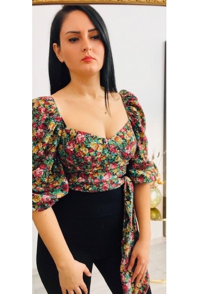 Quzu Balon Kol Bağlamalı Çiçekli Bluz