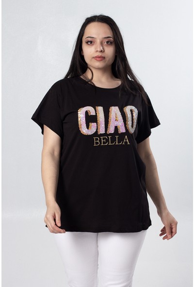 Truva Xxl Büyük Beden Kadın Giyim Pul Işli Yazılı Tshirt Siyah BZ776 Truva Xxl Büyük Beden Kadın Giyim Pul Işli Yazılı Tshirt Siyah BZ776