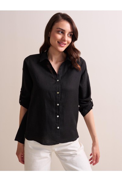Jimmy Key Kadın Siyah Düz Kesim Basic Keten Gömlek