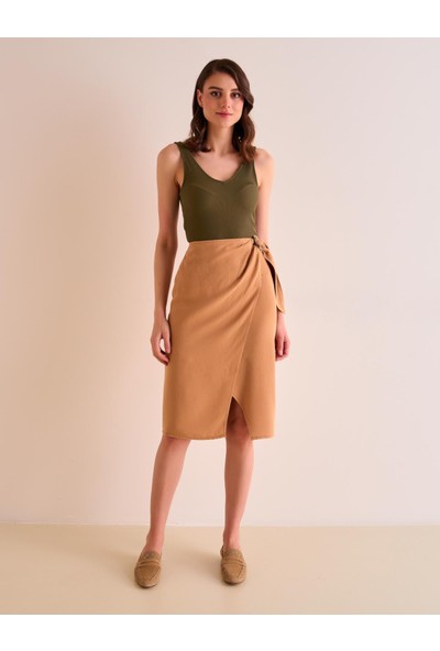 Jimmy Key Kadın Deve Tüyü Yüksek Bel Toka Detaylı Yırtmaçlı Gabardin Etek