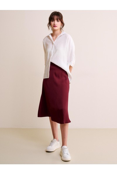 Jimmy Key Kadın Bordo Düz Kesim Yüksek Bel Saten Etek