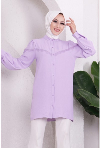 İmaj Butik Güpür Detaylı Gömlek Yaka Tesettür Tunik/lila
