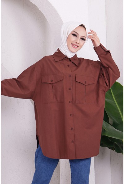 İmaj Butik Salaş Keten Tesettür Gömlek/kahverengi