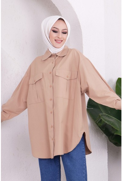 İmaj Butik Salaş Keten Tesettür Gömlek/bej