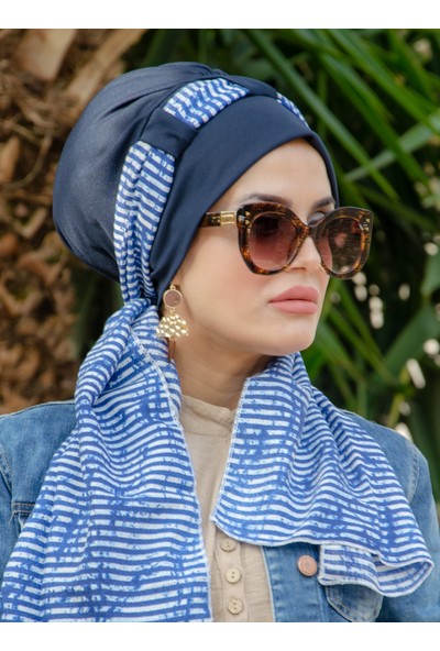 Aişe Tesettür Desenli Fularlı Bone - Lacivert - Aişe Tesettür