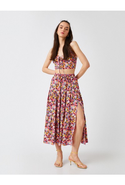 Koton Çiçekli Uzun Etek Yırtmaçlı Beli Bağlamalı