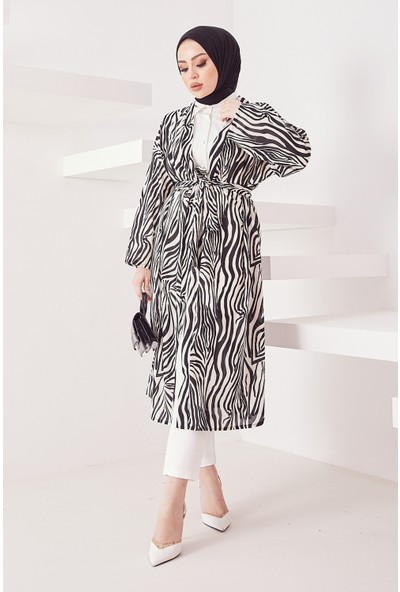 Instyle Zebra Desen Kemerli Kimono - Ekru Instyle Zebra Desen Kemerli Kimono - Ekru