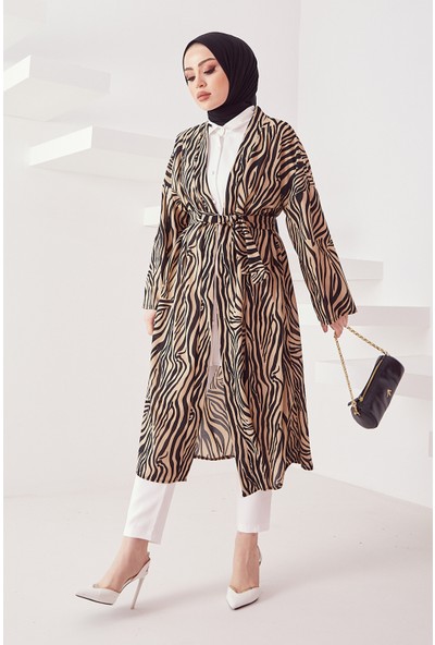 Instyle Zebra Desen Kemerli Kimono - Vizon Instyle Zebra Desen Kemerli Kimono - Vizon