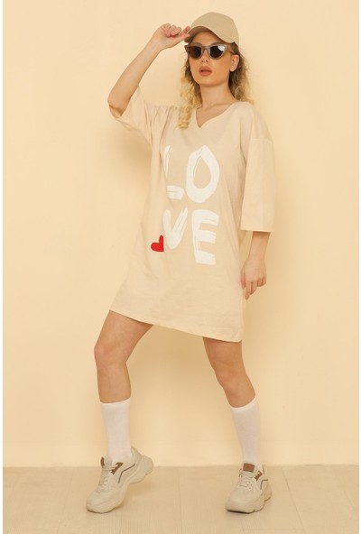 Julude Bej Kadın Oversize Likralı V Yaka Uzun T-Shirt Tunik