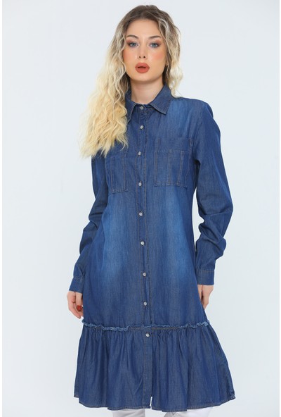 Julude Lacivert Kadın Modest Eteği Katlı Tesettür Jean Tunik Julude Lacivert Kadın Modest Eteği Katlı Tesettür Jean Tunik