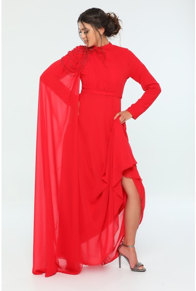 Julude Kırmızı Kadın Modest Omuzu Boncuk Pelerinli Uzun Tesettür Abiye Elbise