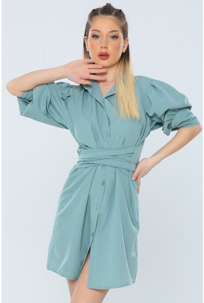 Julude Mint Kadın Balon Kol Geniş Manşetli Gömlek Tunik