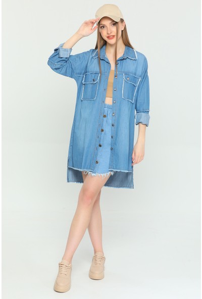 Julude Mavi Kadın Püsküllü Ön Kısa Arka Uzun Jean Gömlek Tunik Julude Mavi Kadın Püsküllü Ön Kısa Arka Uzun Jean Gömlek Tunik