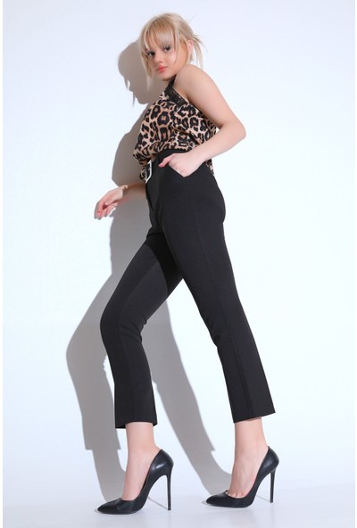 Julude Siyah Kadın Yüksek Bel Cepli Kemerli Havuç Kesim Kumaş Pantolon