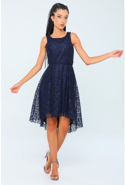 Julude Lacivert Kadın Ön Kısa Arkası Uzun Dantel Abiye Elbise