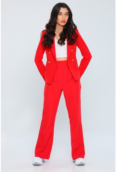 Julude Kırmızı Yüksek Bel Bol Paça Kadın Pantolon