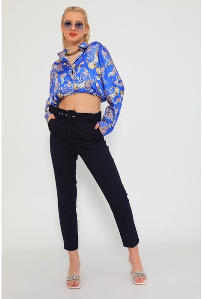 Julude Lacivert Kadın Yüksek Bel Cepli Kemerli Havuç Kesim Kumaş Pantolon